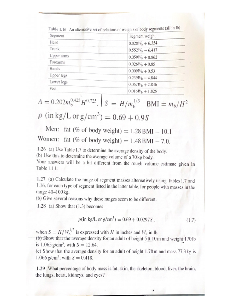 Table 1.16 An Alternative Set of Relations of Weights of Body Segments ...