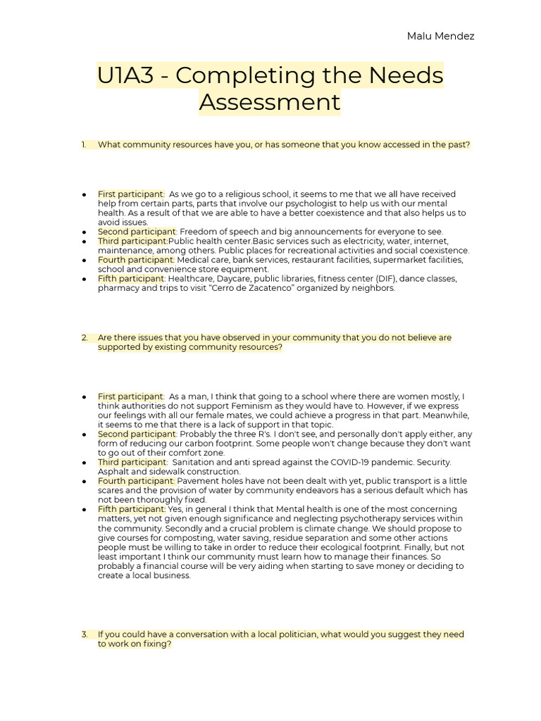U1A3 - Completing the Needs Assessment | PDF | Health Care