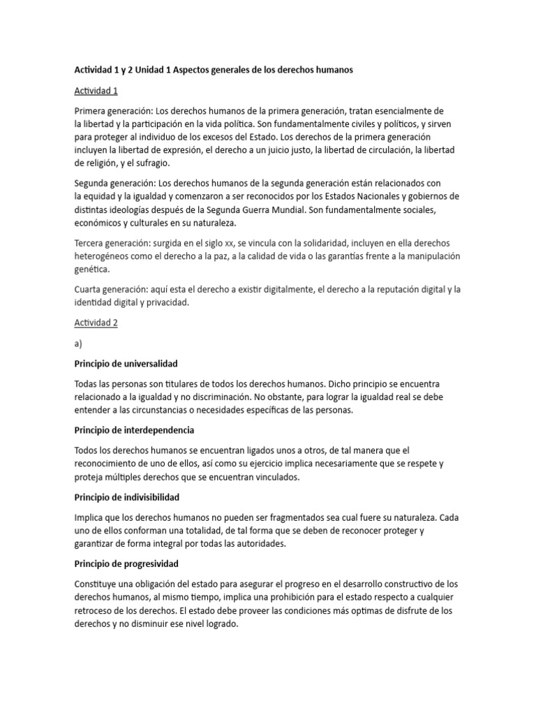 Actividad 1 y 2 Unidad 1 Aspectos Generales de Los Derechos Humanos | PDF | Derechos humanos ...