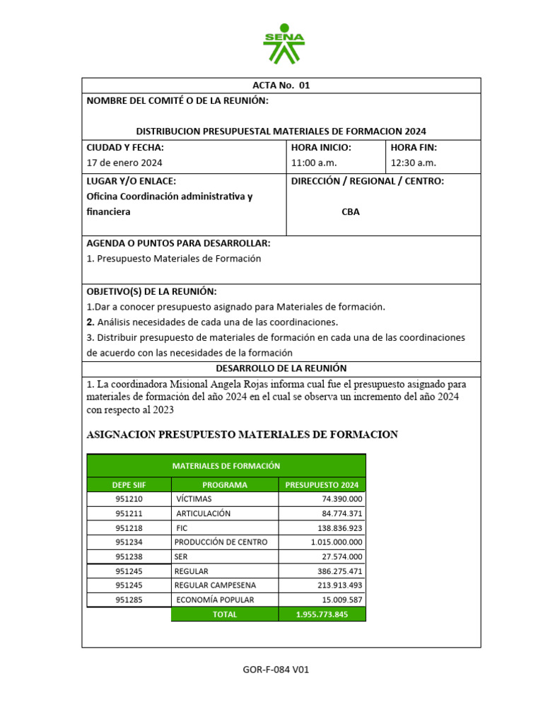 GOR-F-084 Formato de Acta - Materiales de Formacion | PDF | Presupuesto | Información