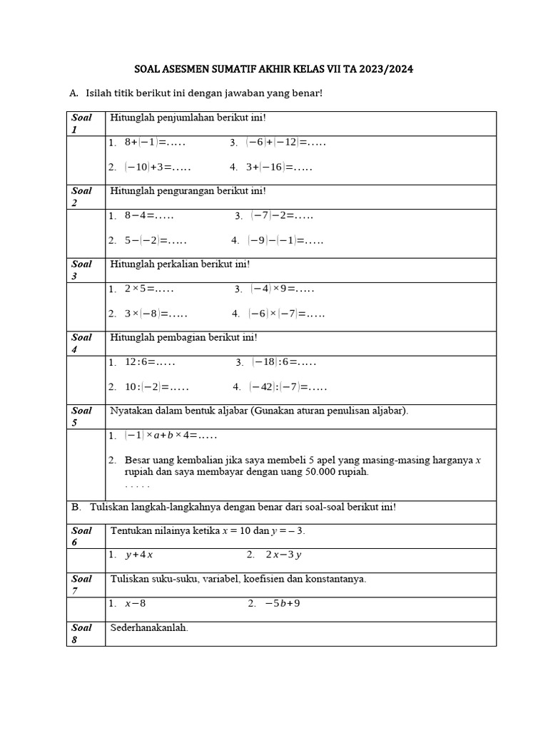 Soal Asesmen Sumatif Akhir Kelas Vii Ta 2023 | PDF