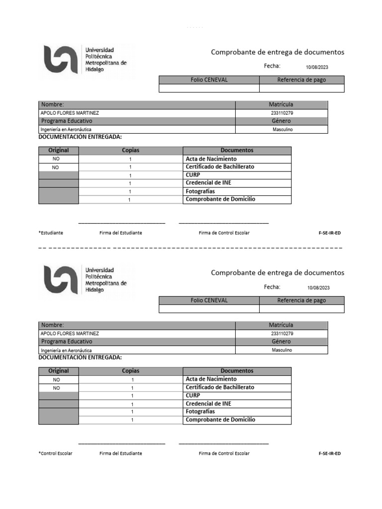 Comprobante de Entrega de Documentos: Fecha: Folio Ceneval Referencia ...