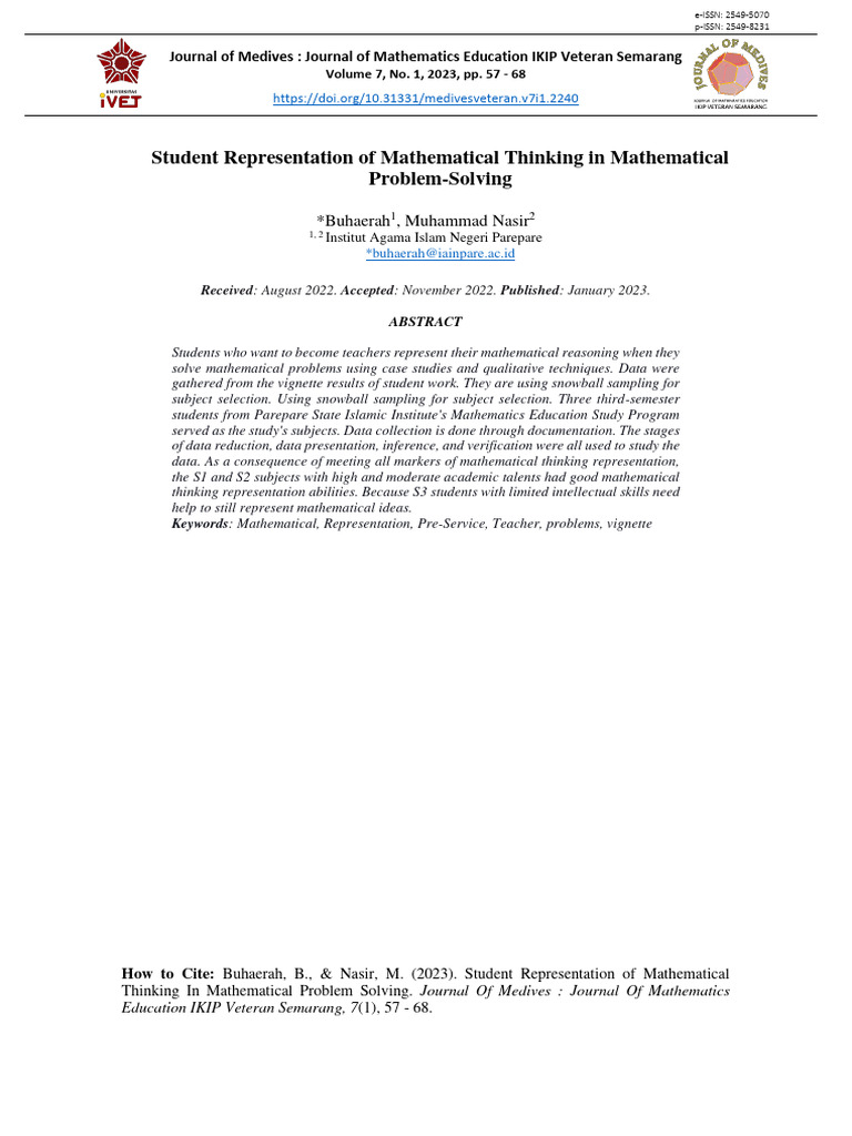 Student Representation of Mathematical Thinking in Mathematical Problem-Solving | PDF ...