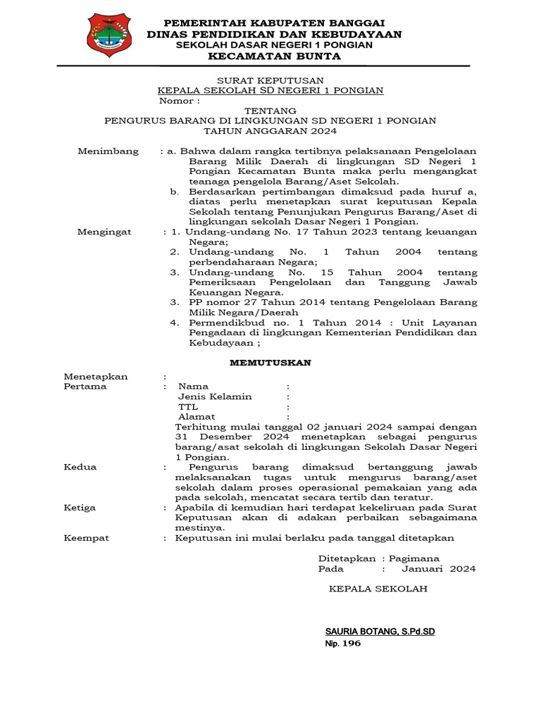 Contoh SK Bendahara Barang 2024 Disesuaikan DGN Nama Sekolah Masing2. | PDF