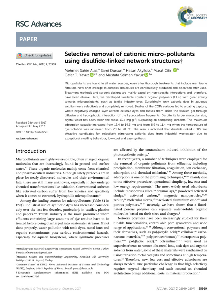 Selective Removal of Cationic Micro-Pollutants Usi | PDF | Adsorption | Ph