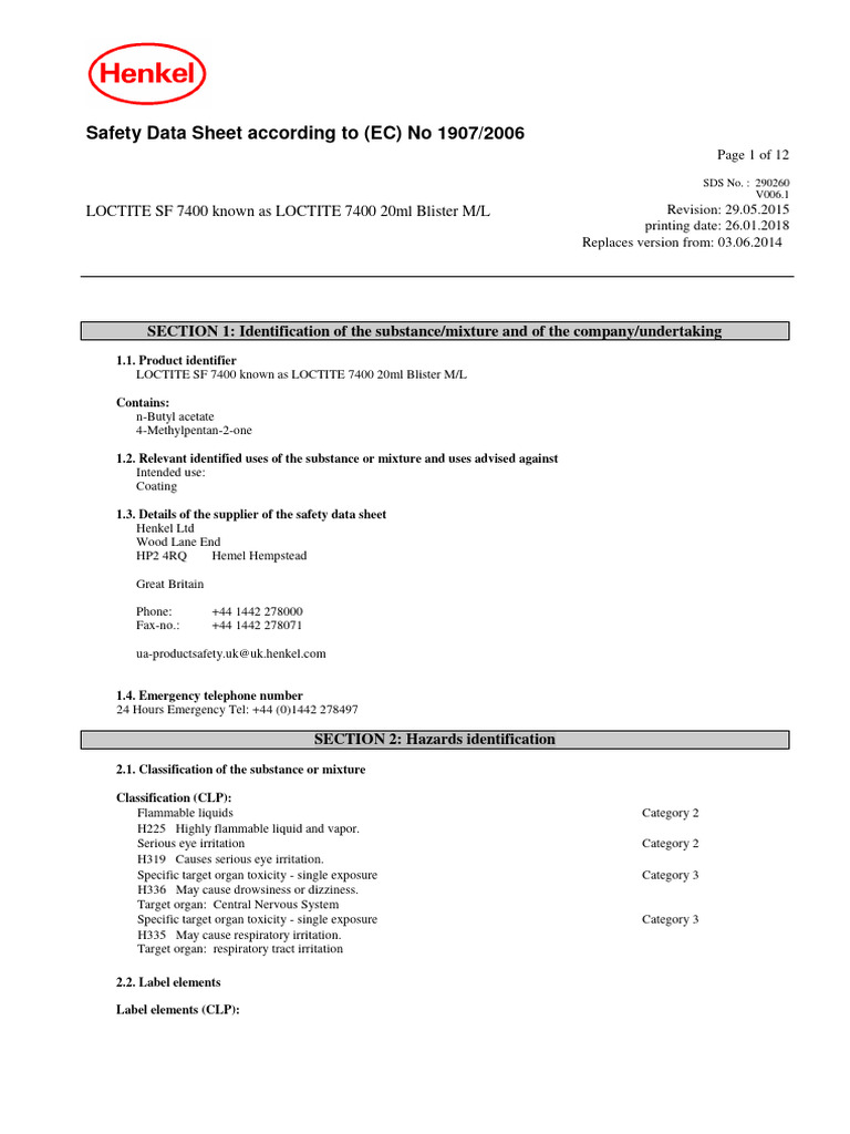 LOCTITE SF 7400 Safety Data Sheet | PDF | Toxicity | Chemistry