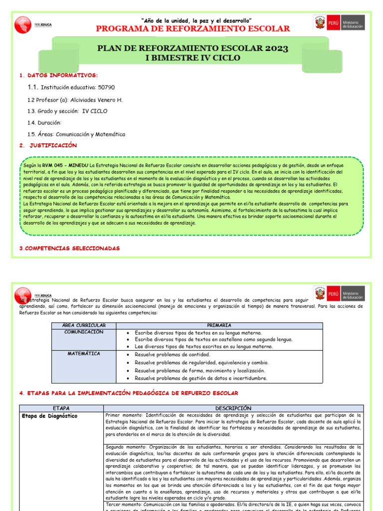 IV PLAN DE REFORZAMIENTO I TRIMESTRE 3° y 4° I.E 50790-San Francisco de Apaylla | PDF | Números ...