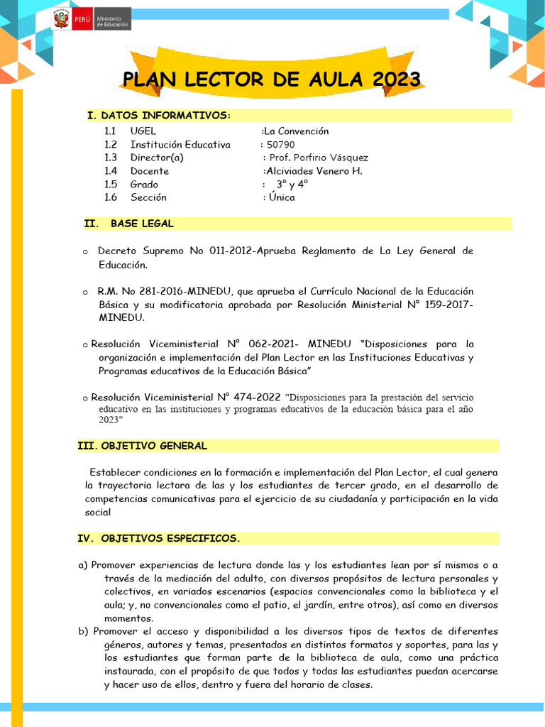 Iv Ciclo-Plan Lector-2023 | PDF | Salón de clases | Maestros