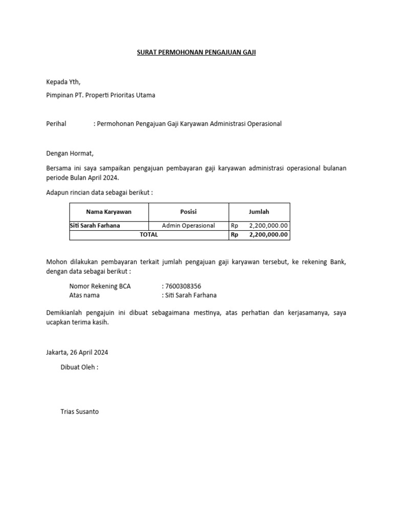 Surat Permohonan Pengajuan Gaji | PDF