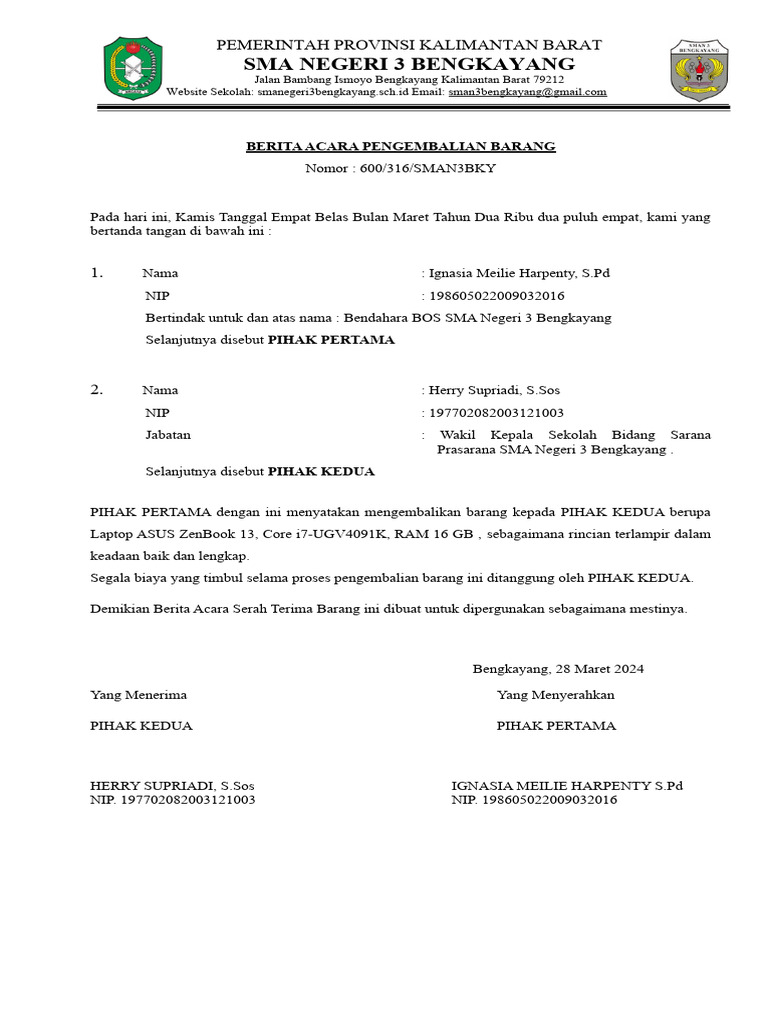 Berita Acara Pengembalian Laptop Asus | PDF