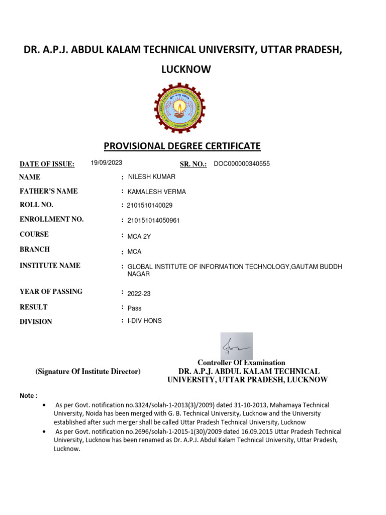MCA Provisional Degree Certificate | PDF