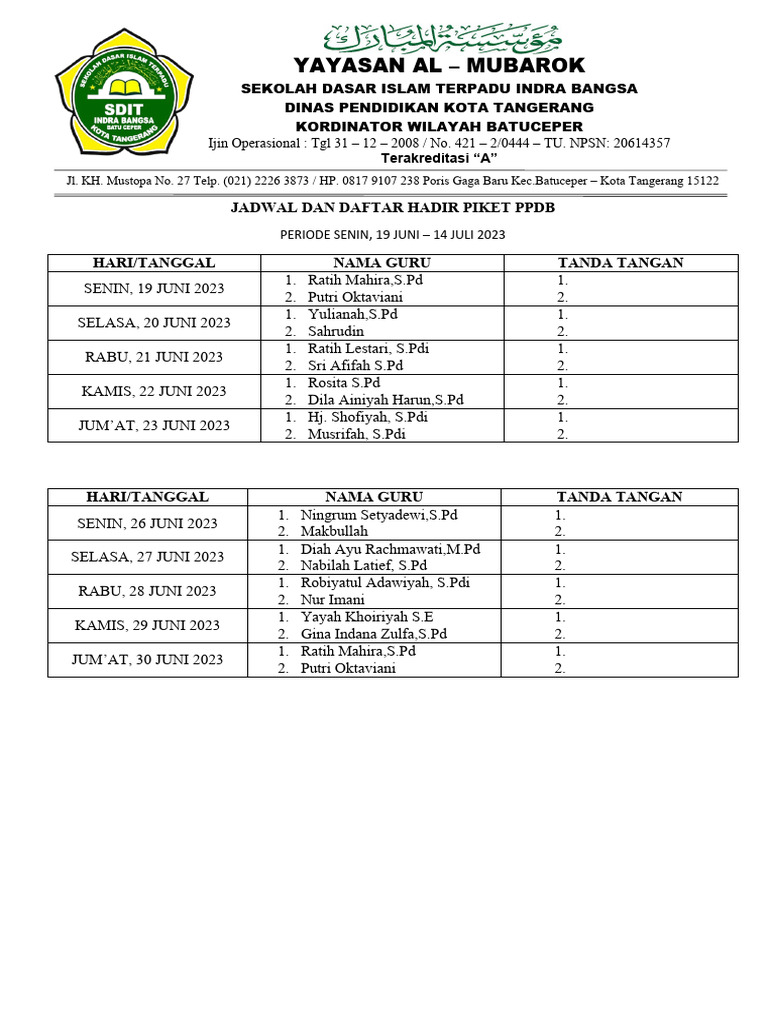 Jadwal Piket PPDB | PDF