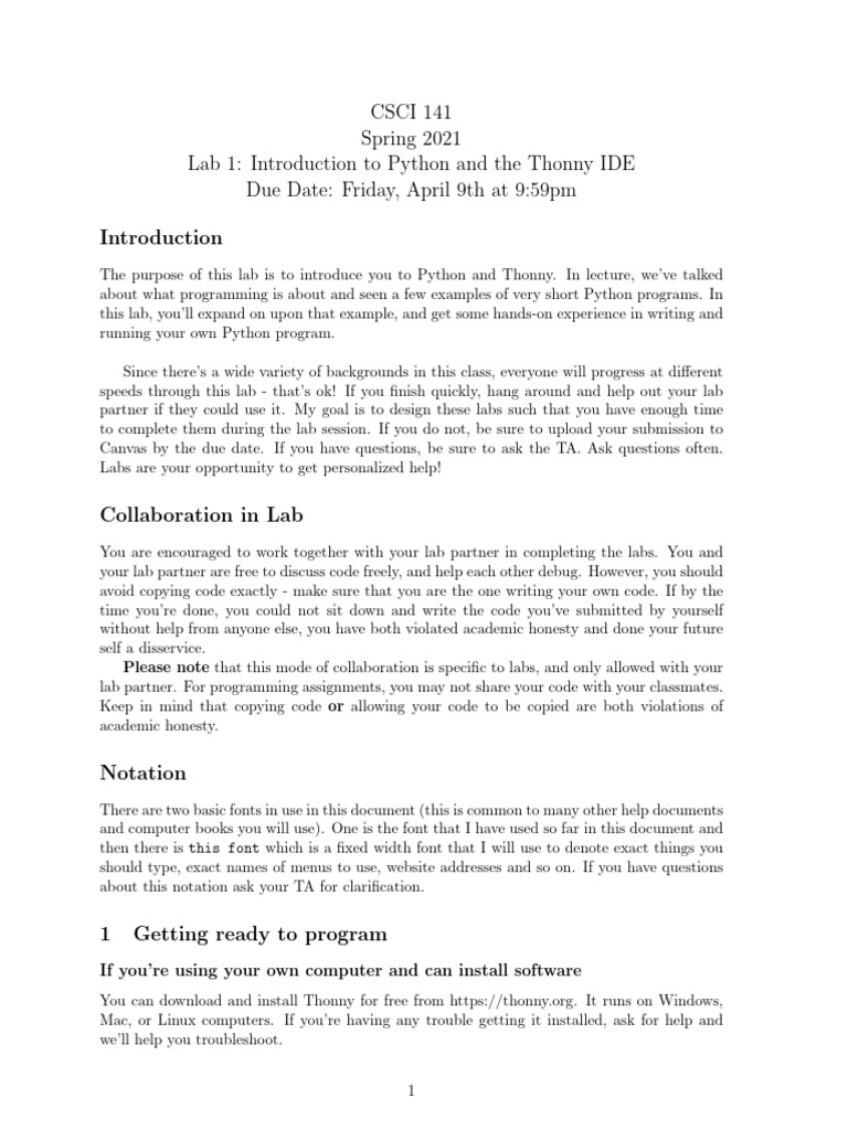 Lab 1 Pdf Computer Program Programming 