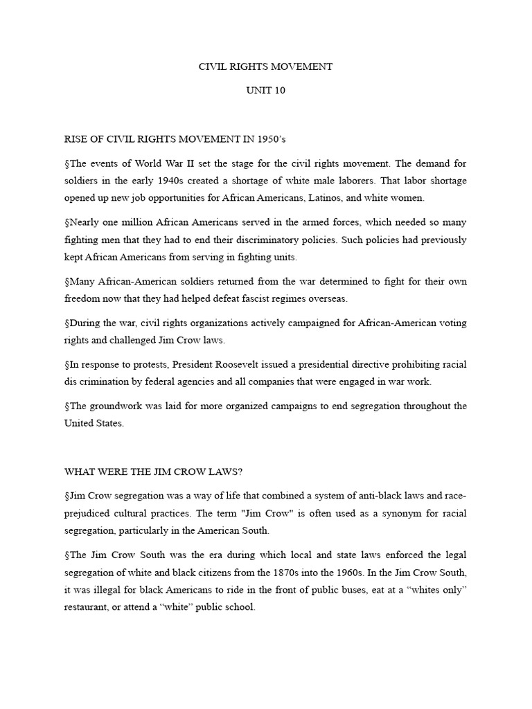 UNIT-10 CIVIL RIGHTS MOVEMENT | PDF | Jim Crow Laws | Martin Luther ...