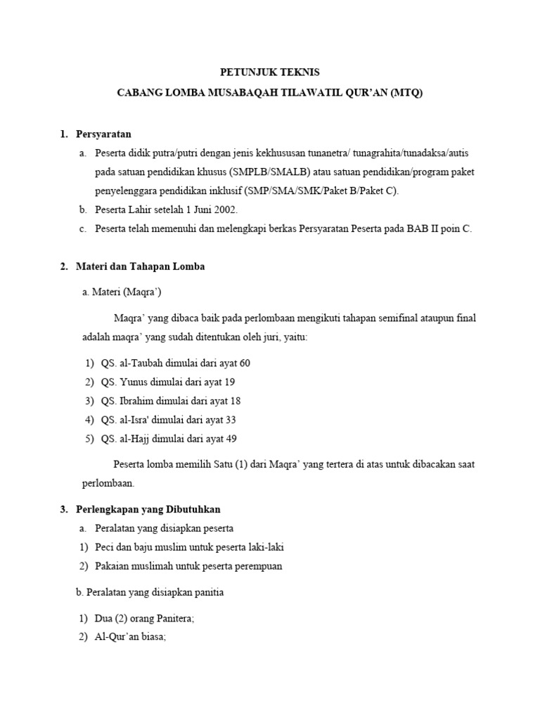 Petunjuk Teknis MTQ Tunanetra 2024 | PDF