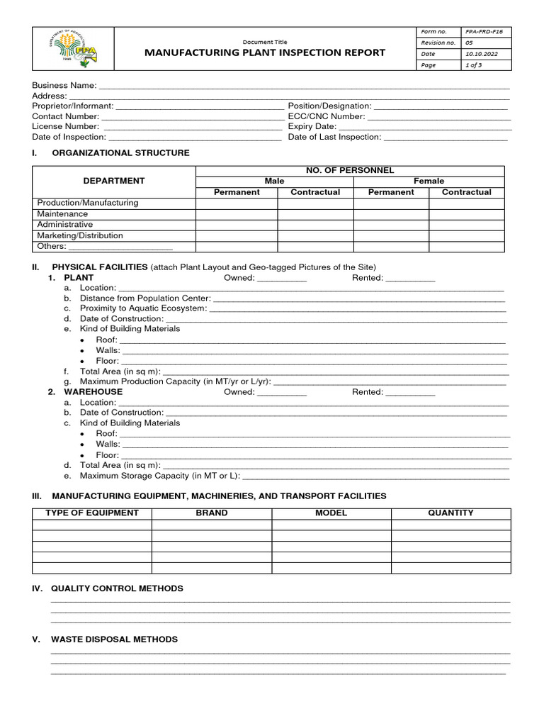 FPA-FRD-F16 Manufacturing Inspection Report | PDF | Occupational Safety ...