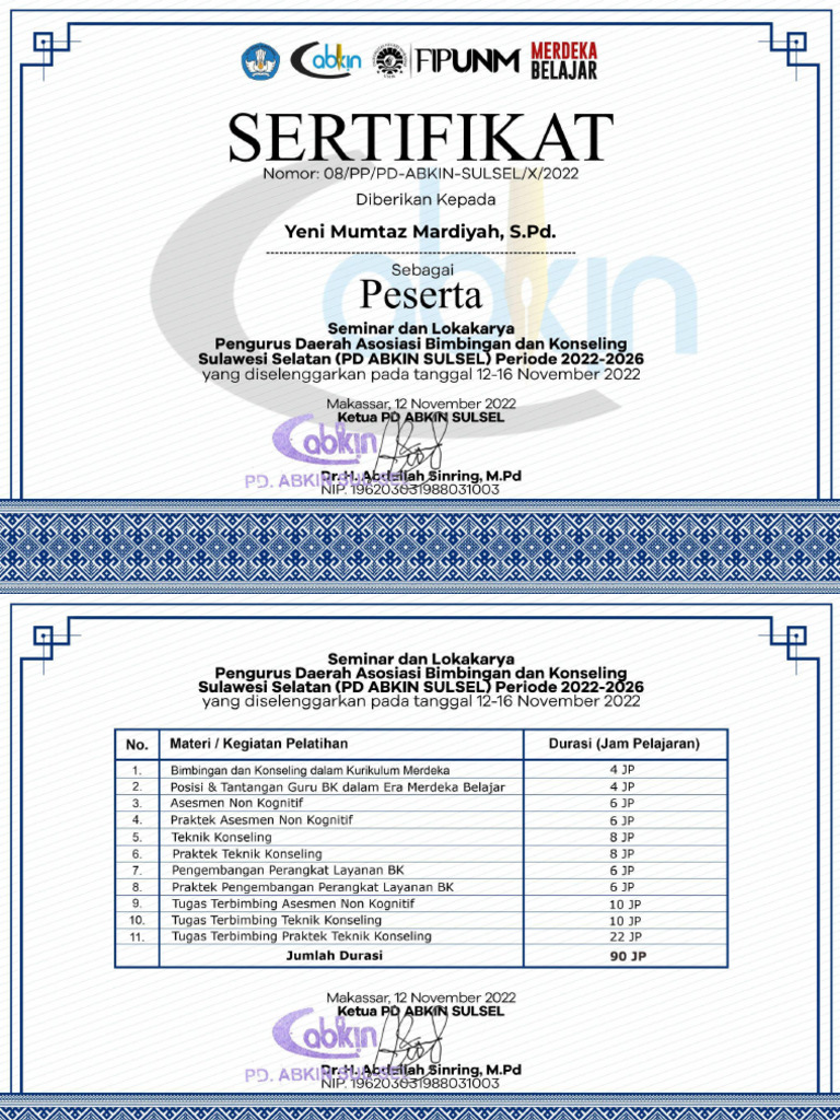 Sertifikat Abkin Sulsel Yeni Mumtaz Mardiyah, S.Pd. | PDF