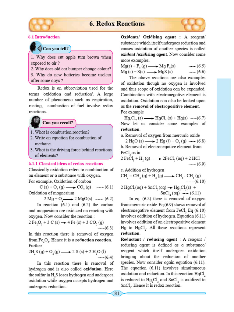 Chapter 6 Redox Reaction | Download Free PDF | Redox | Electrode