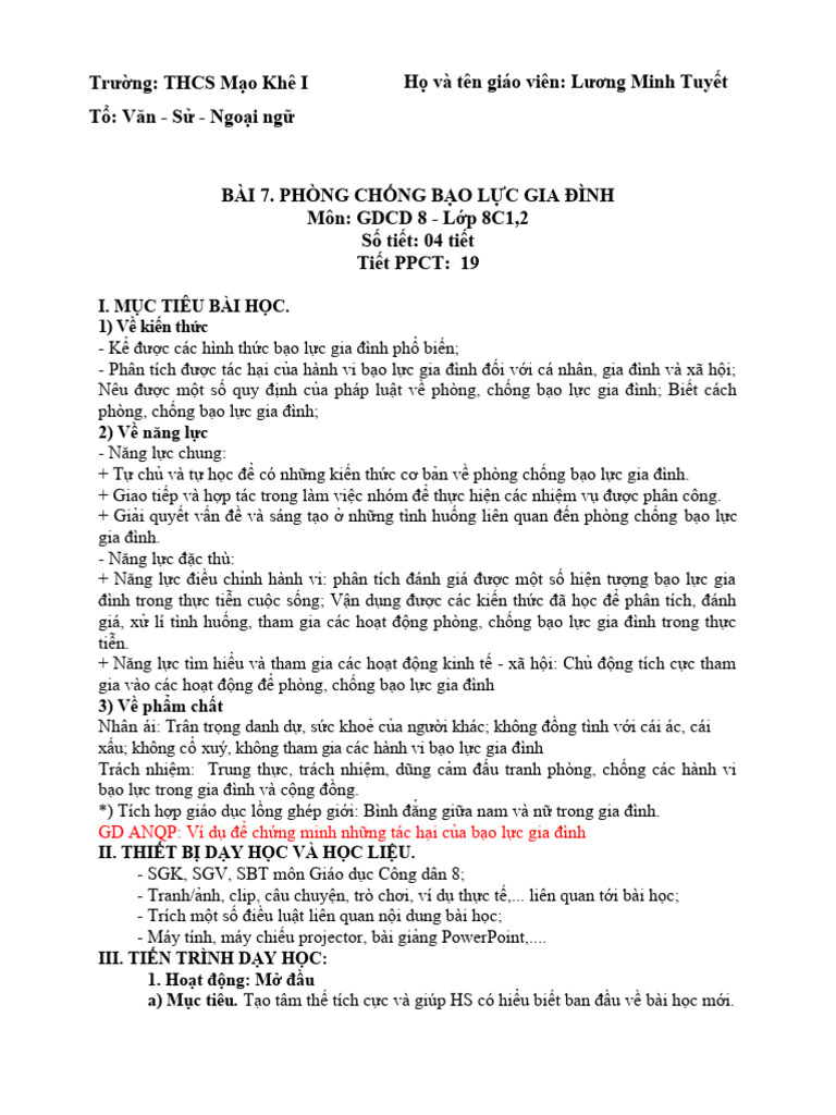 GDCD 8 - Tuan 20 - Tiet 19 - Bai 7. Phong, Chong Bao Luc Gia Dinh (T1) | PDF
