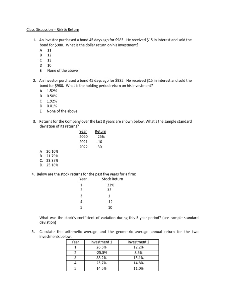 Risk and Return Analysis Exercises | PDF | Investing | Stocks
