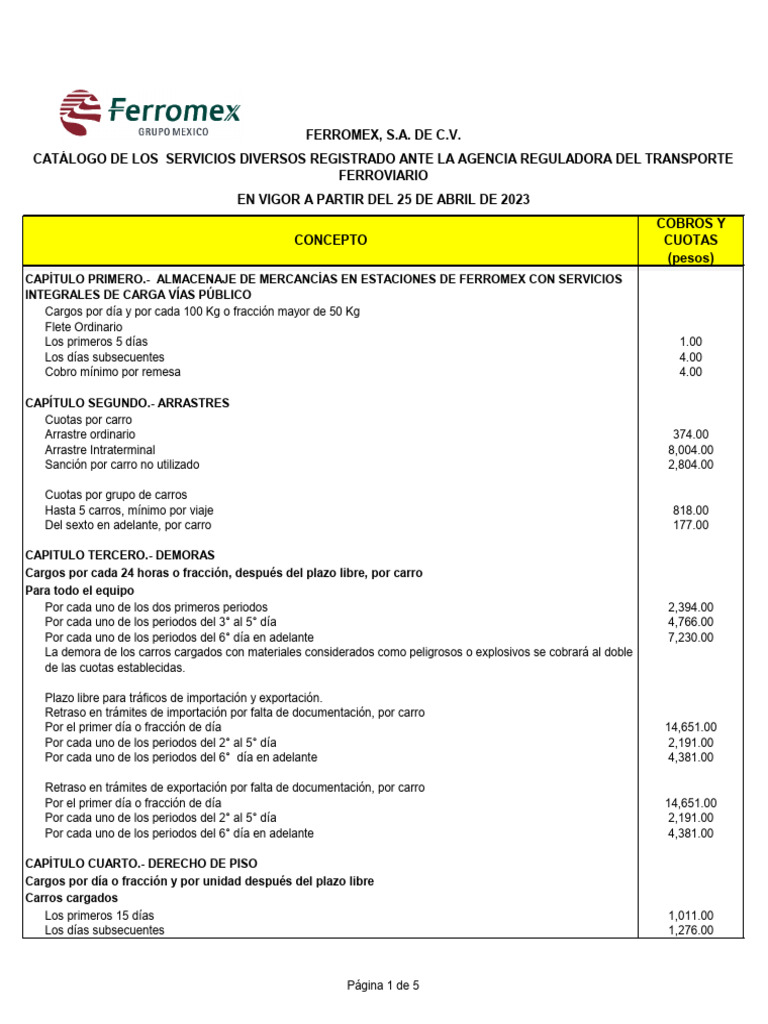 Tarifa de Servicios Diversos Ferromex | PDF | Locomotoras | Transporte
