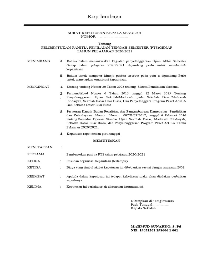 SK Pembentukan Panitia PTS 2020/2021 | PDF