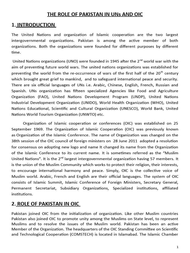 Role of Pakistan in UNO and OIC | PDF | Organisation Of Islamic ...