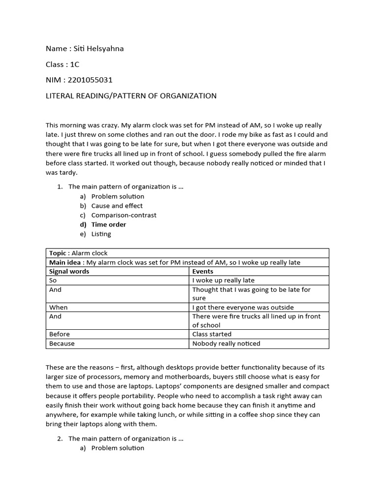Literal Reading Pattern of Organization Siti Helsyahna 1C | PDF | Laptop