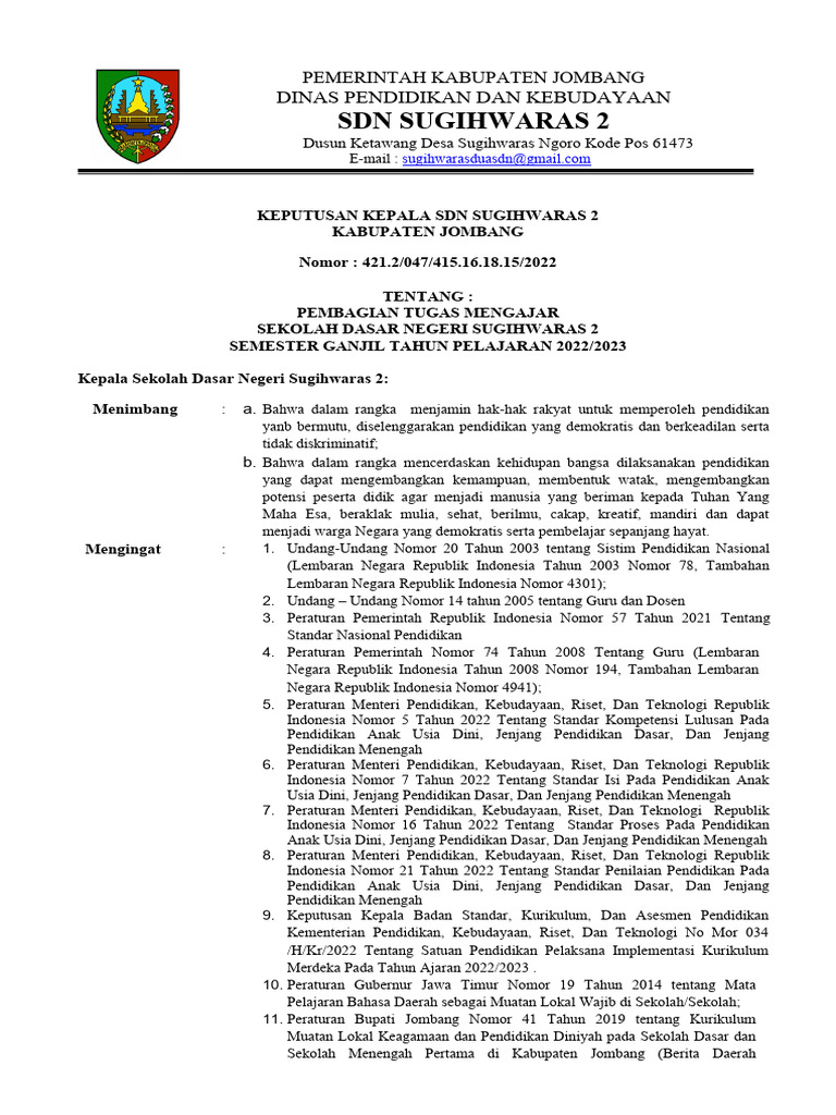 Contoh SK PBM 2022-2023 | PDF