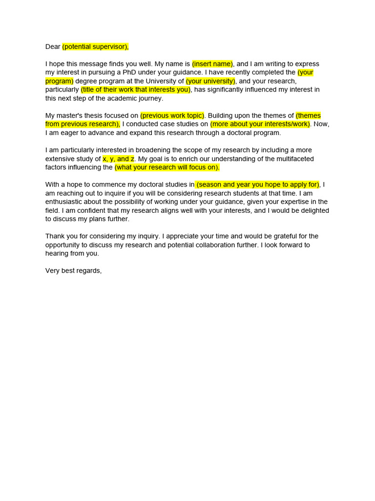 Email Template for PhD Supervisor Inquiry | PDF