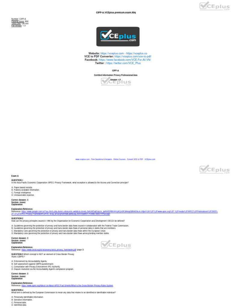 IAPP - Pre .CIPP-A.by .VCEplus.90q-DEMO | PDF | Surveillance | Right To Privacy