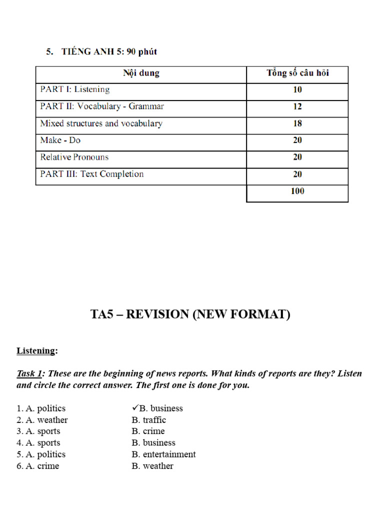 Hutech - Ta5 - Revision Lesson (New Format) | PDF