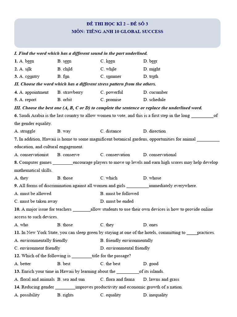 Đề thi tiếng Anh học kì 2 - đề 3 - lớp 10 - Global Success | Download ...