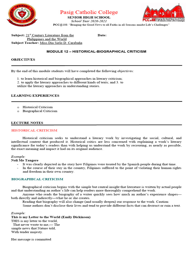 12.MODULE 12. Historical-Biographical Criticism - Lecture | PDF | Emily ...