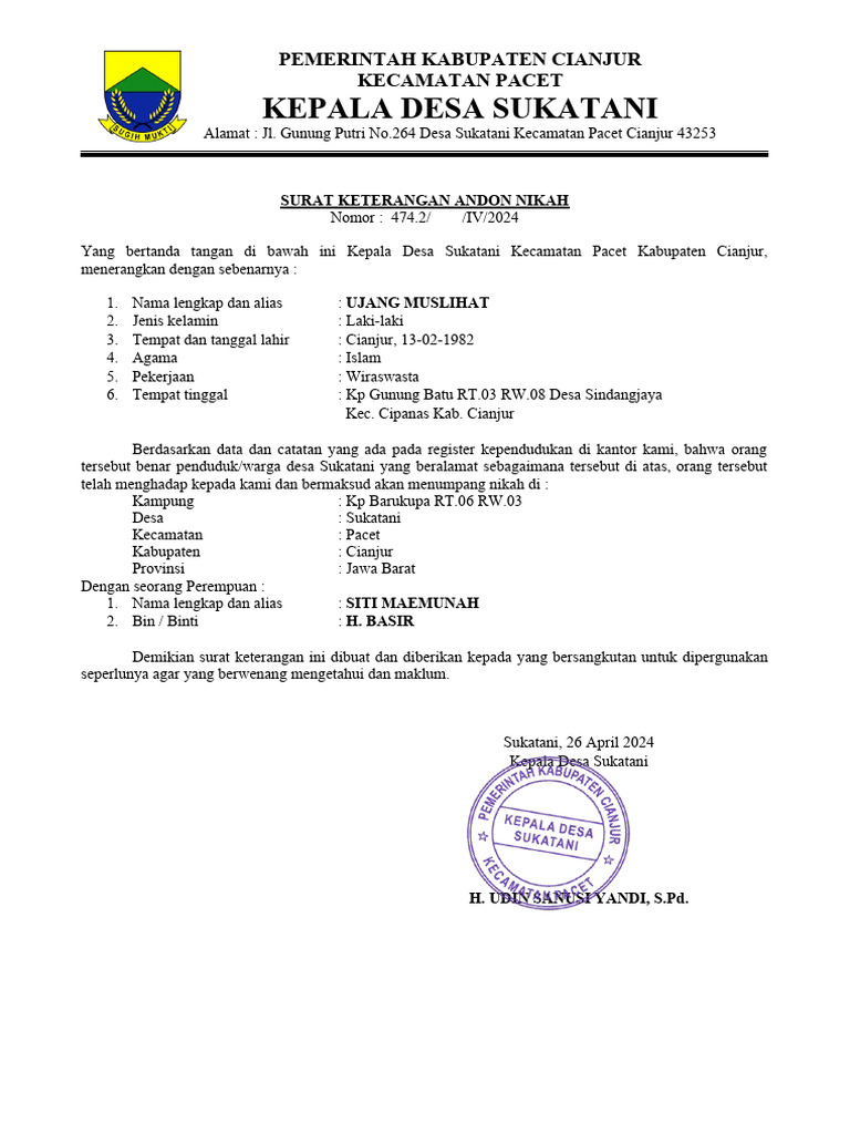 Surat Keterangan Andon Nikah | PDF