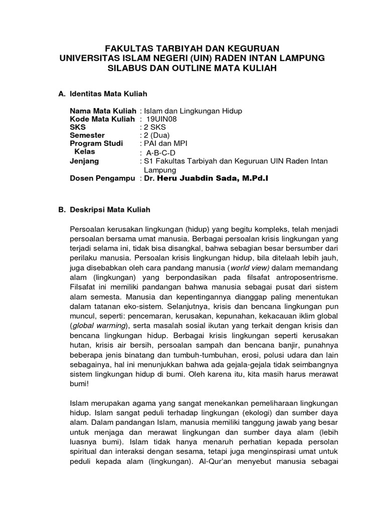 Silabus Dan Outline Mata Kuliah Islam Dan Lingkungan Hidup - Bkpi FTK ...