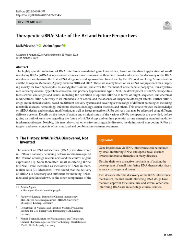 Therapeutic Sirna: State of The Art and Future Perspectives: Maik ...