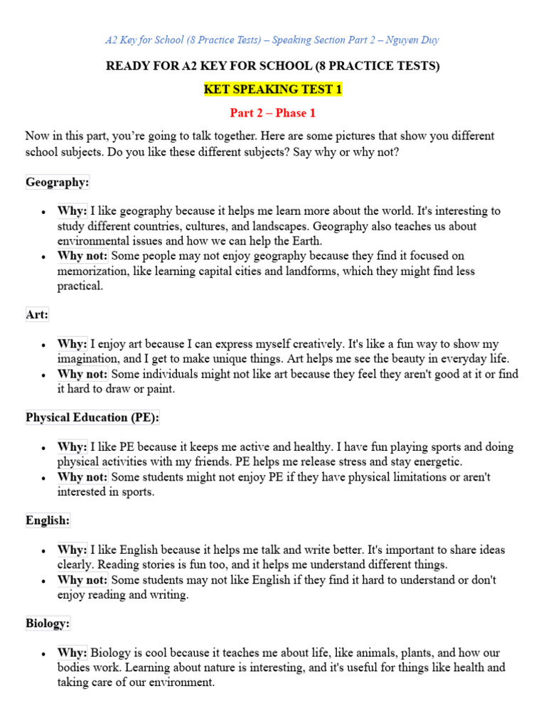 Part 2 Speaking Ready For A2 Key For School (8 Practice Tests ...