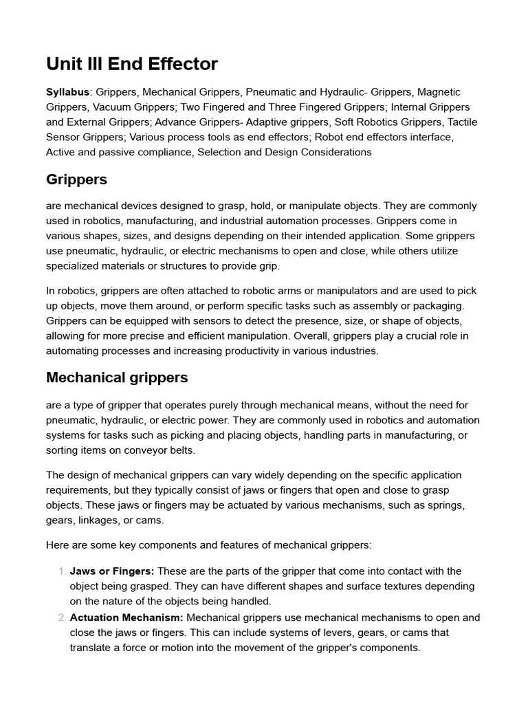 Unit III End Effector | Download Free PDF | Robotics | Actuator