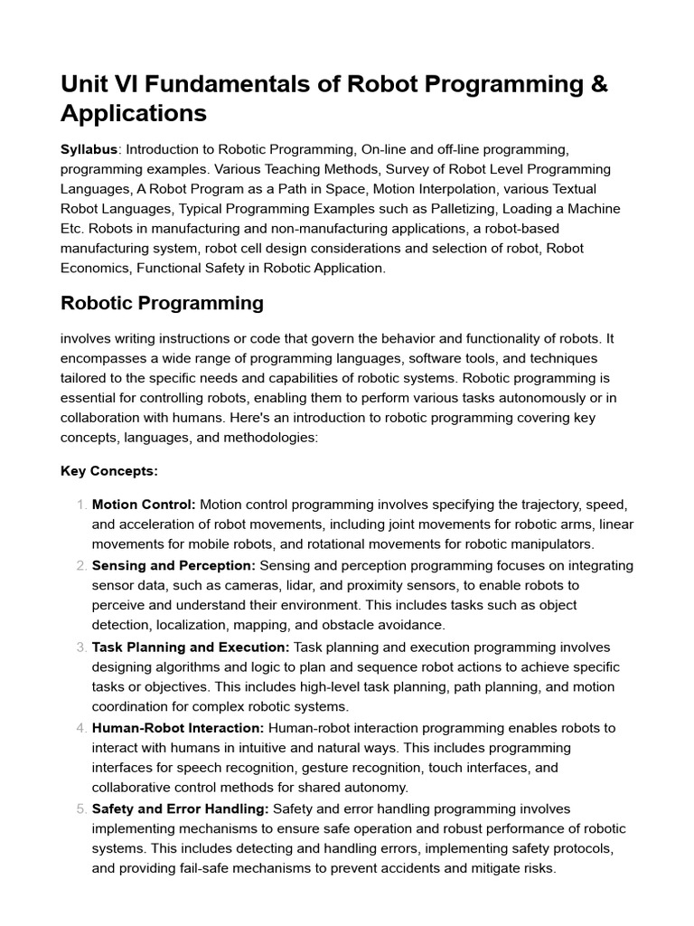 Unit VI Fundamentals of Robot Programming & Applications | PDF | Robotics | Computer Programming