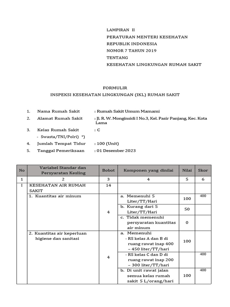 Form Inspeksi KL Rumah Sakit | PDF
