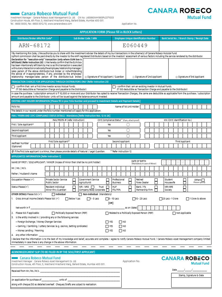 Canara Robeco Mutual Fund Application Form | PDF | Cheque | Financial Services