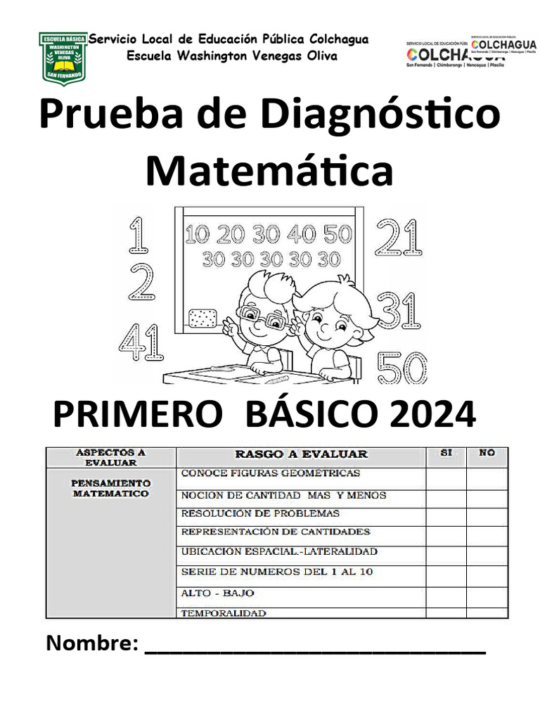 Prueba Diagnóstico Matemática 1° Básico 2024 | PDF