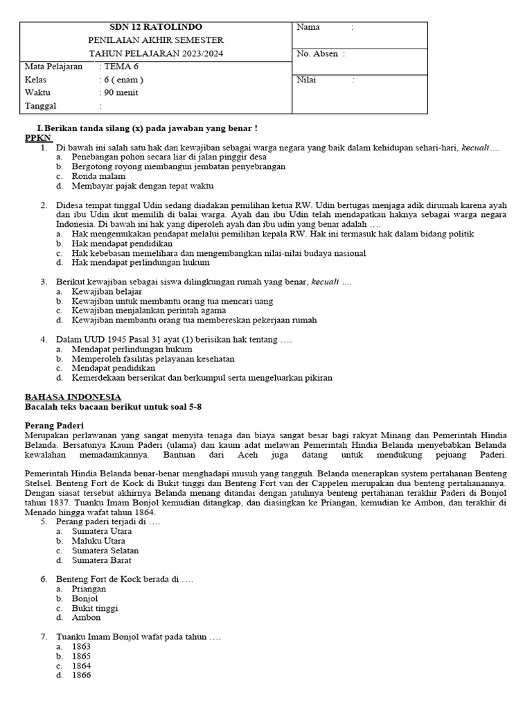 Soal Pas Kelas 6 Tema 6 | PDF | Politik