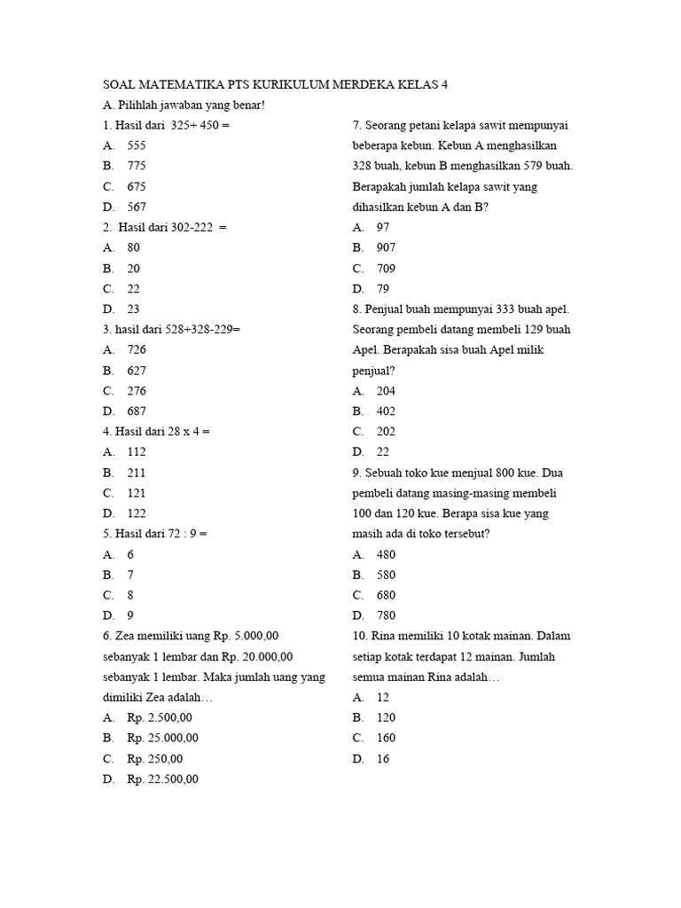 Soal PTS MTK Kelas 4 | PDF