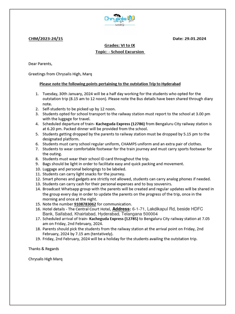 Outstation Trip Circular For Students Availing Trip - 29.01.2024 | PDF ...