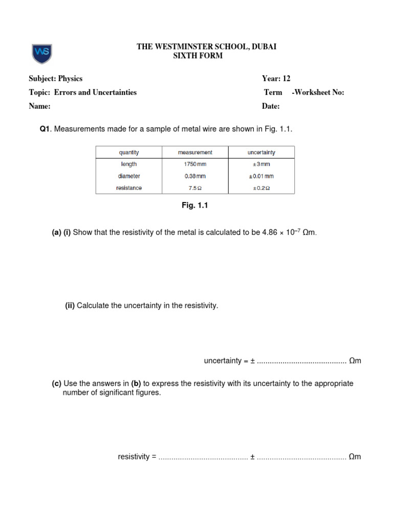 Physics Errors And Uncertainties Worksheet Pdf Significant Figures