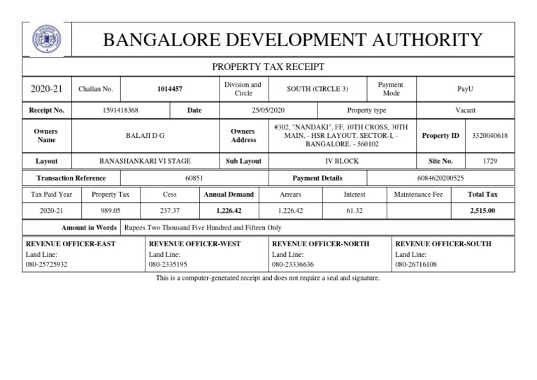 BDA Property Tax - 2020-2021 | PDF | Public Finance | Money