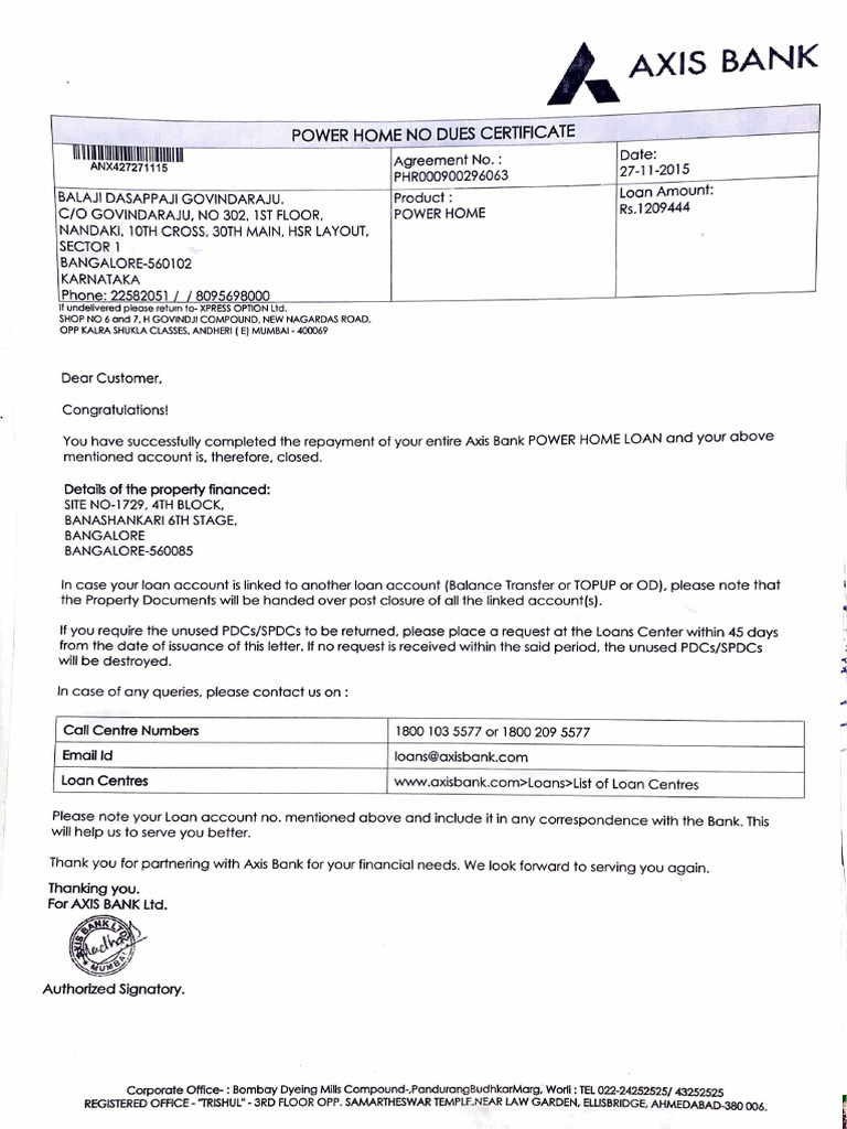 Axis Bank loan clearence letter | PDF | Service Industries | Business