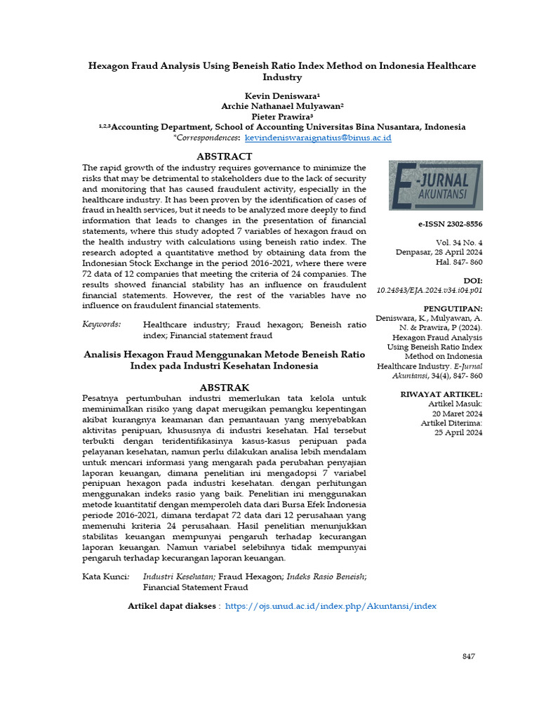 Hexagon Fraud Analysis Using Beneish Ratio Index Method On Indonesia ...